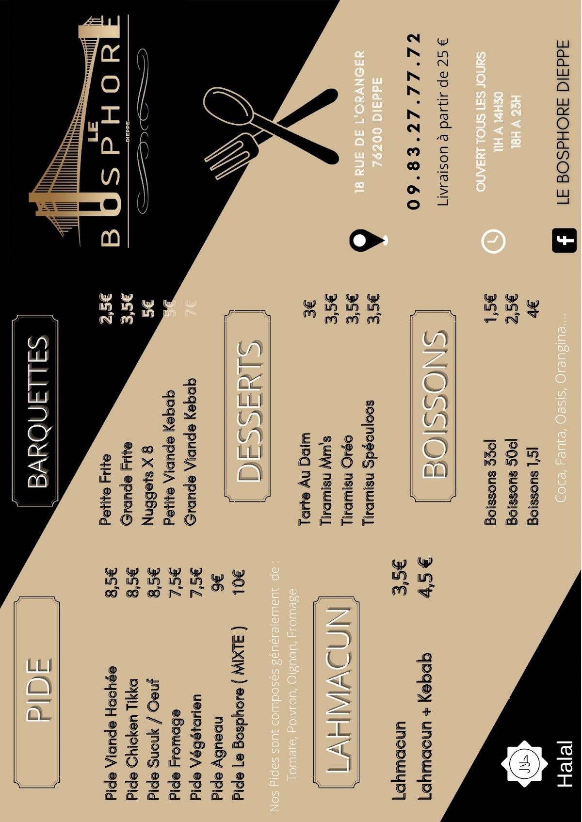 Menu au Kebab Le Bosphore Dieppe restaurant, Dieppe