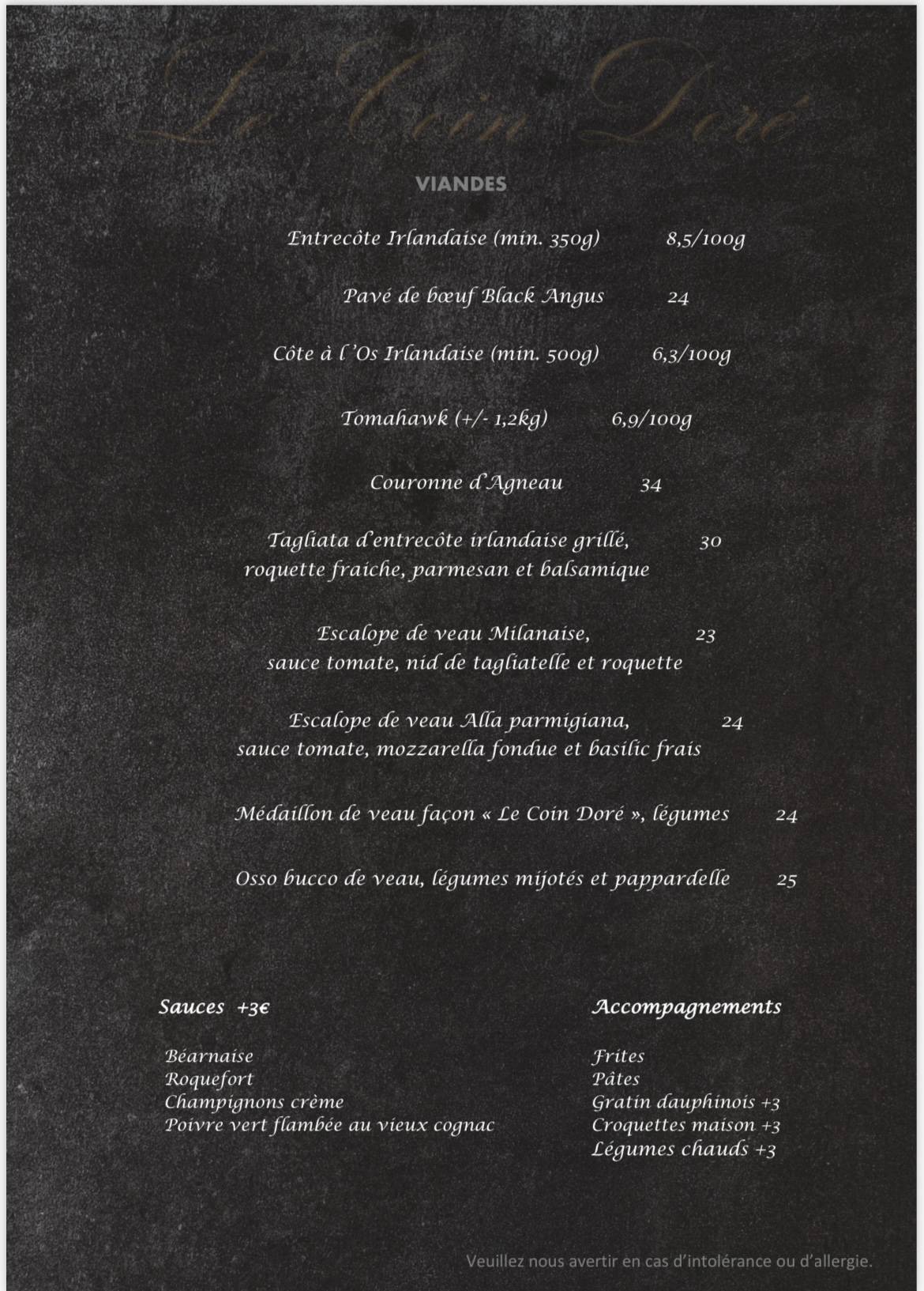 Menu au Restaurant Le Coin Doré, Herstal