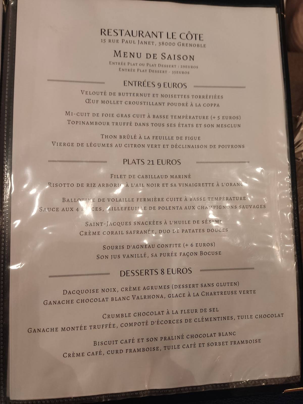 Menu au Le Côte restaurant, Grenoble