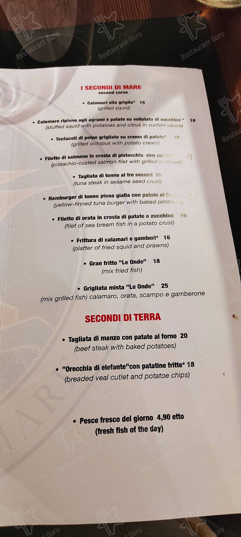 Menu da Le Onde Trattoria del Mare ristorante, Roma, Via Costantino Morin