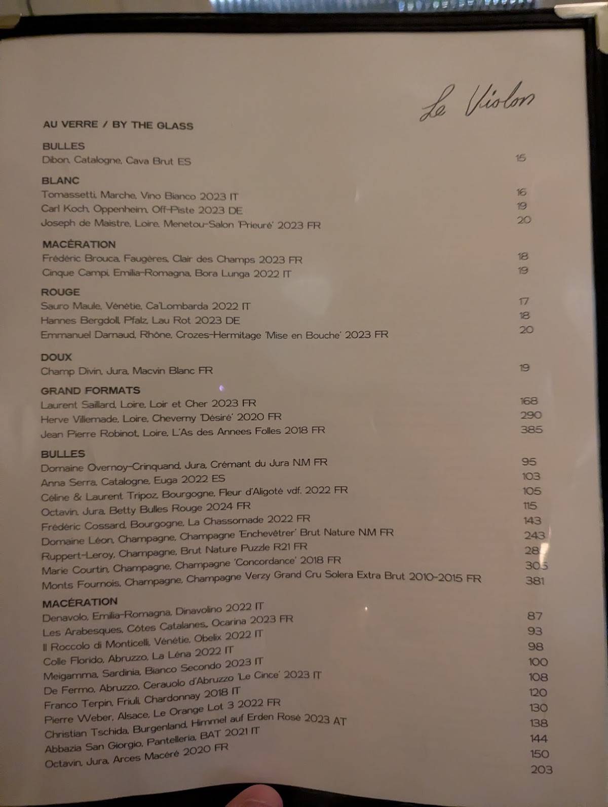 Menu au Le Violon pub et bar, Montréal