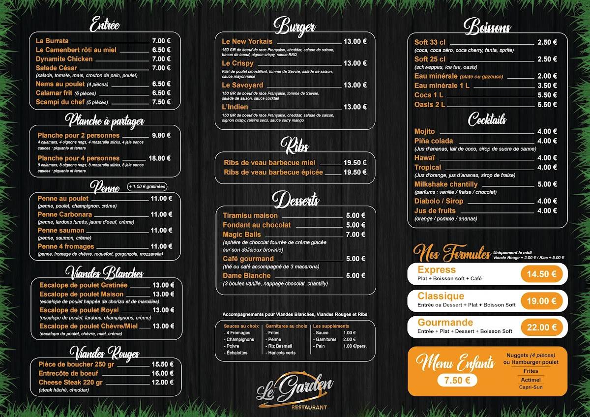 Menu au Le garden restaurant, Lens