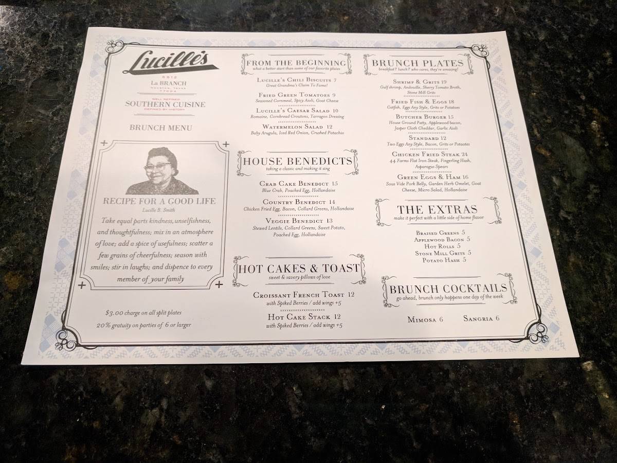 Menu at Lucille's restaurant, Houston