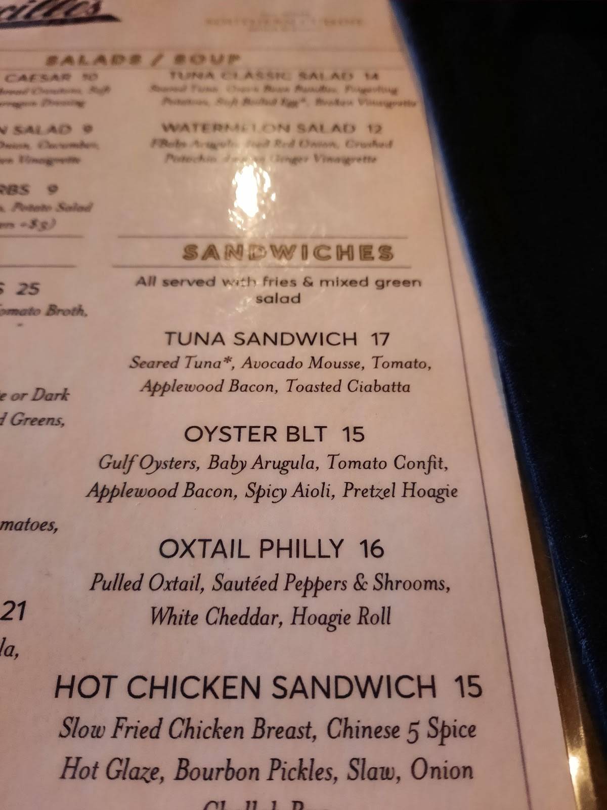 Menu at Lucille's restaurant, Houston
