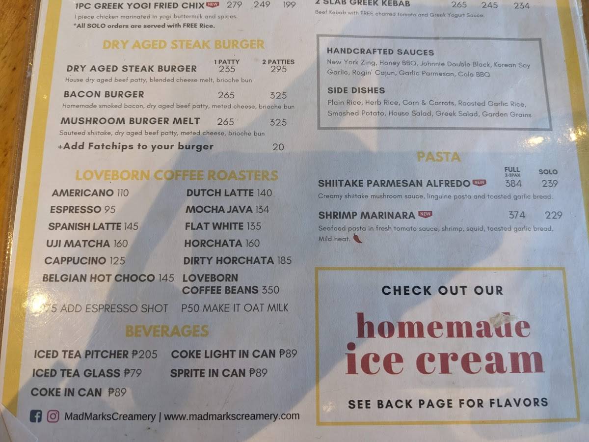 Menu at Mad Mark's Creamery Pioneer Center Pasig City restaurant, Pasig ...