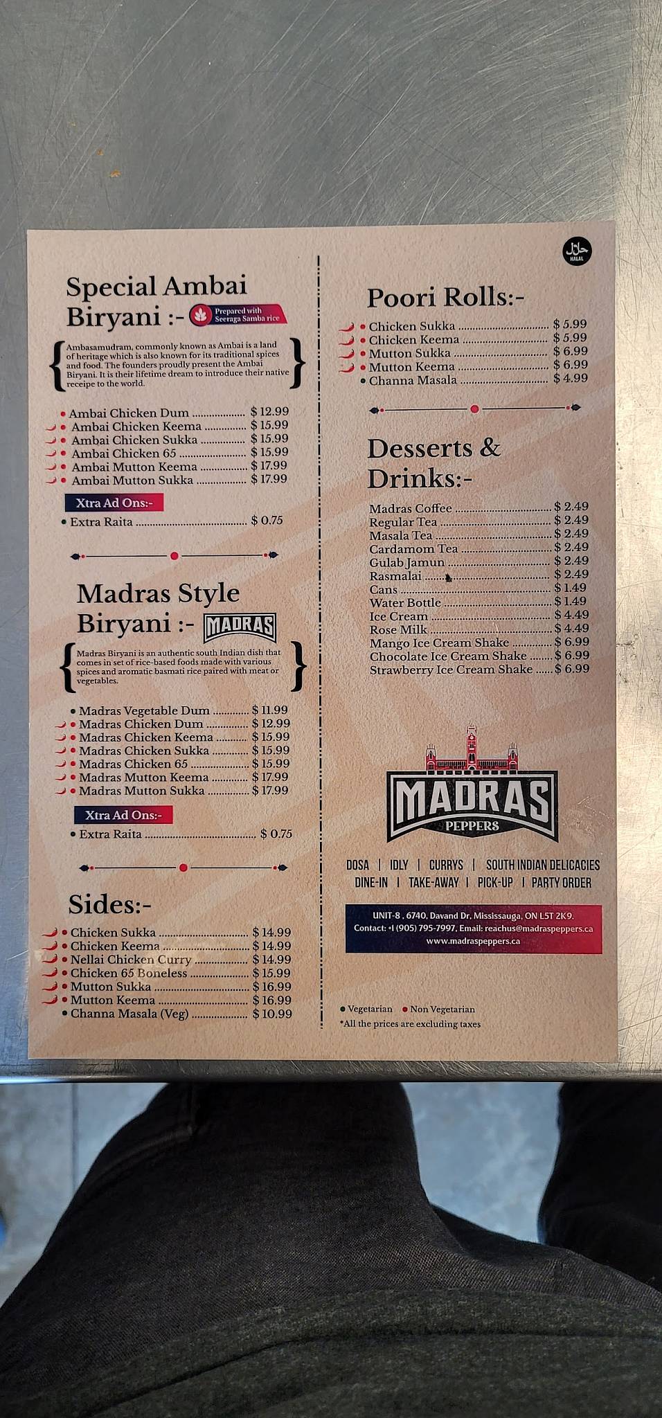 Menu at Madras Peppers restaurant, Mississauga