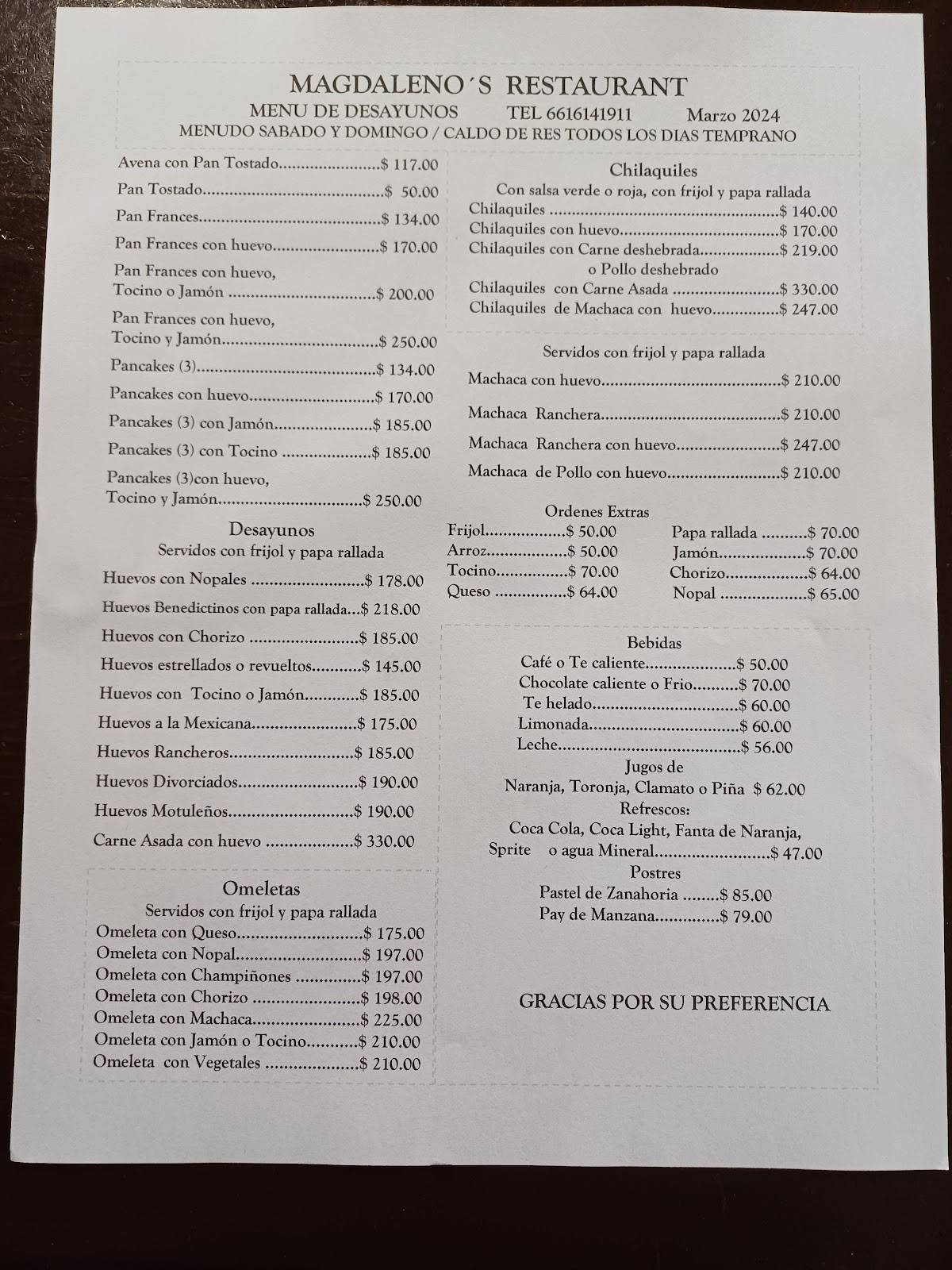 Menu at Restaurant Magdaleno's, Primo Tapia