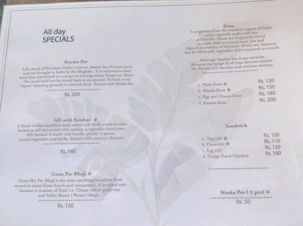 Menu at Malabar, Kalimpong