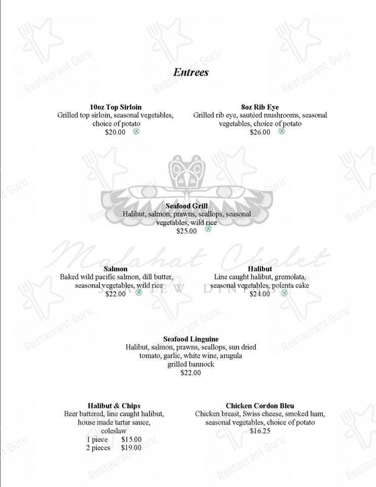 Menu at The Malahat Chalet restaurant, Malahat