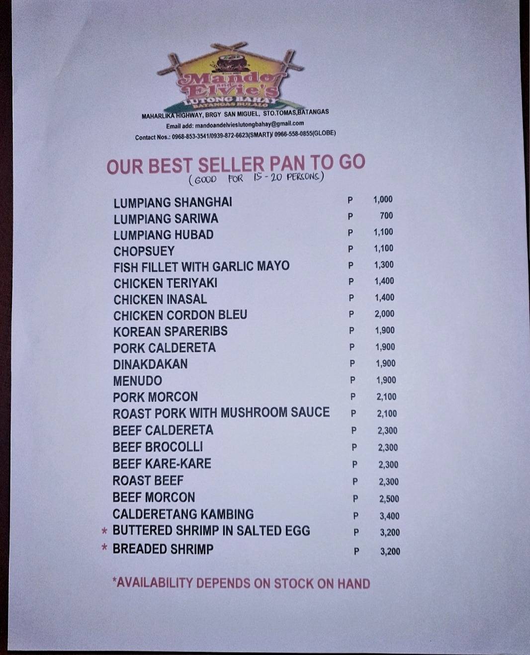 Menu at Mando And Elvie's Lutong Bahay - Sto. Tomas restaurant, Santo Tomas