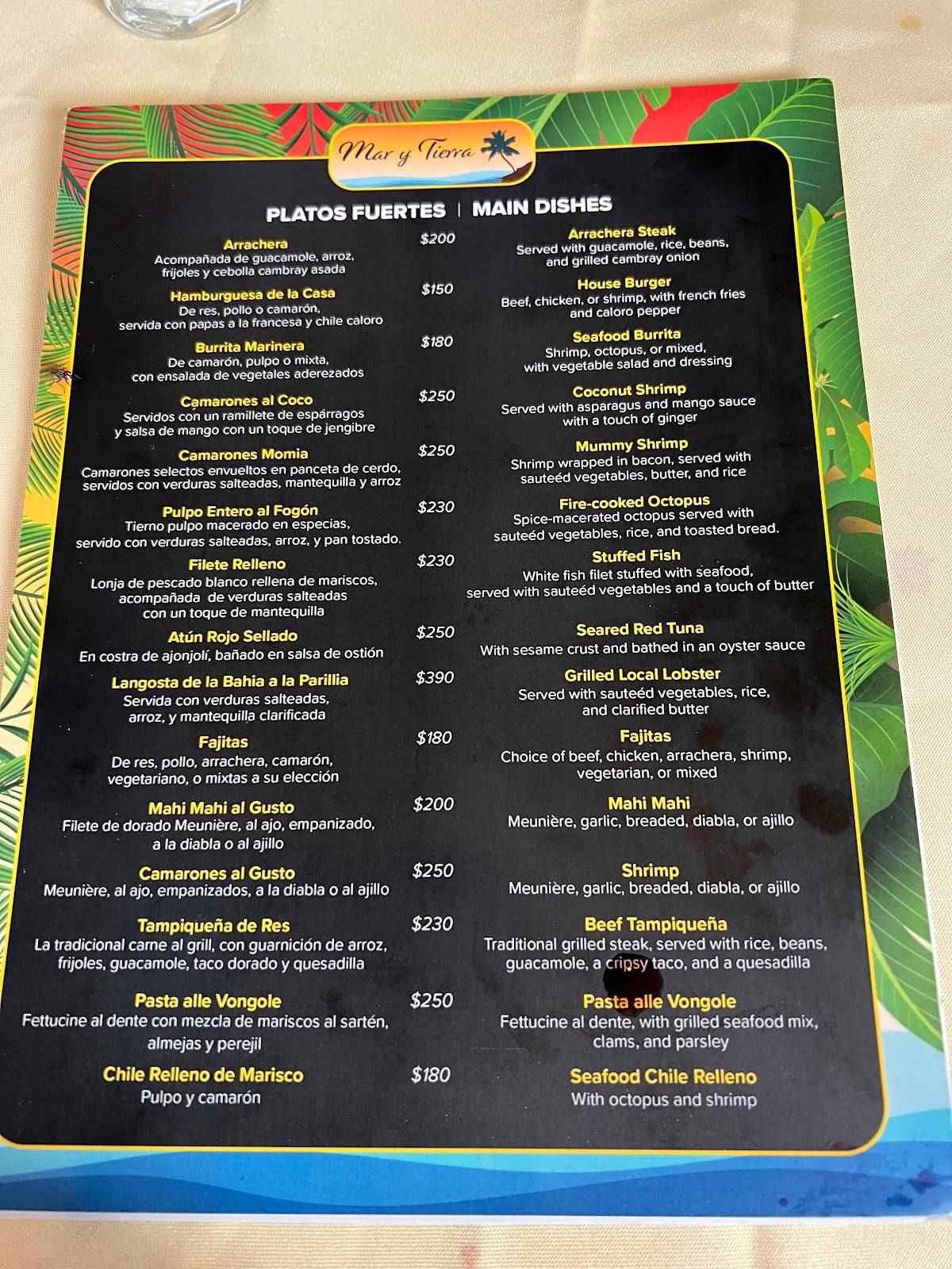 Menu at Mar y Tierra Restaurante Bar, Yelapa