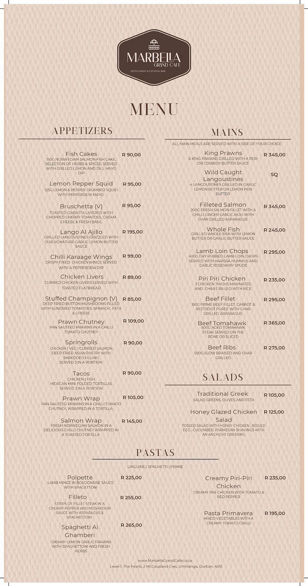 Menu at Marbella Grand Cafe, Durban