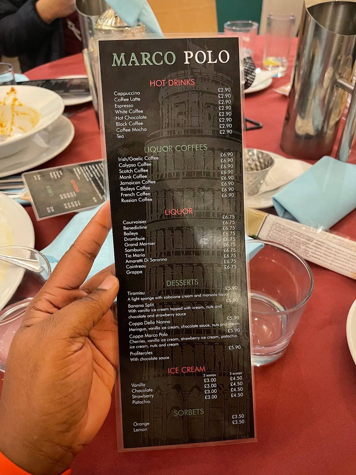 Menu at Marco Polo restaurant, Bournemouth
