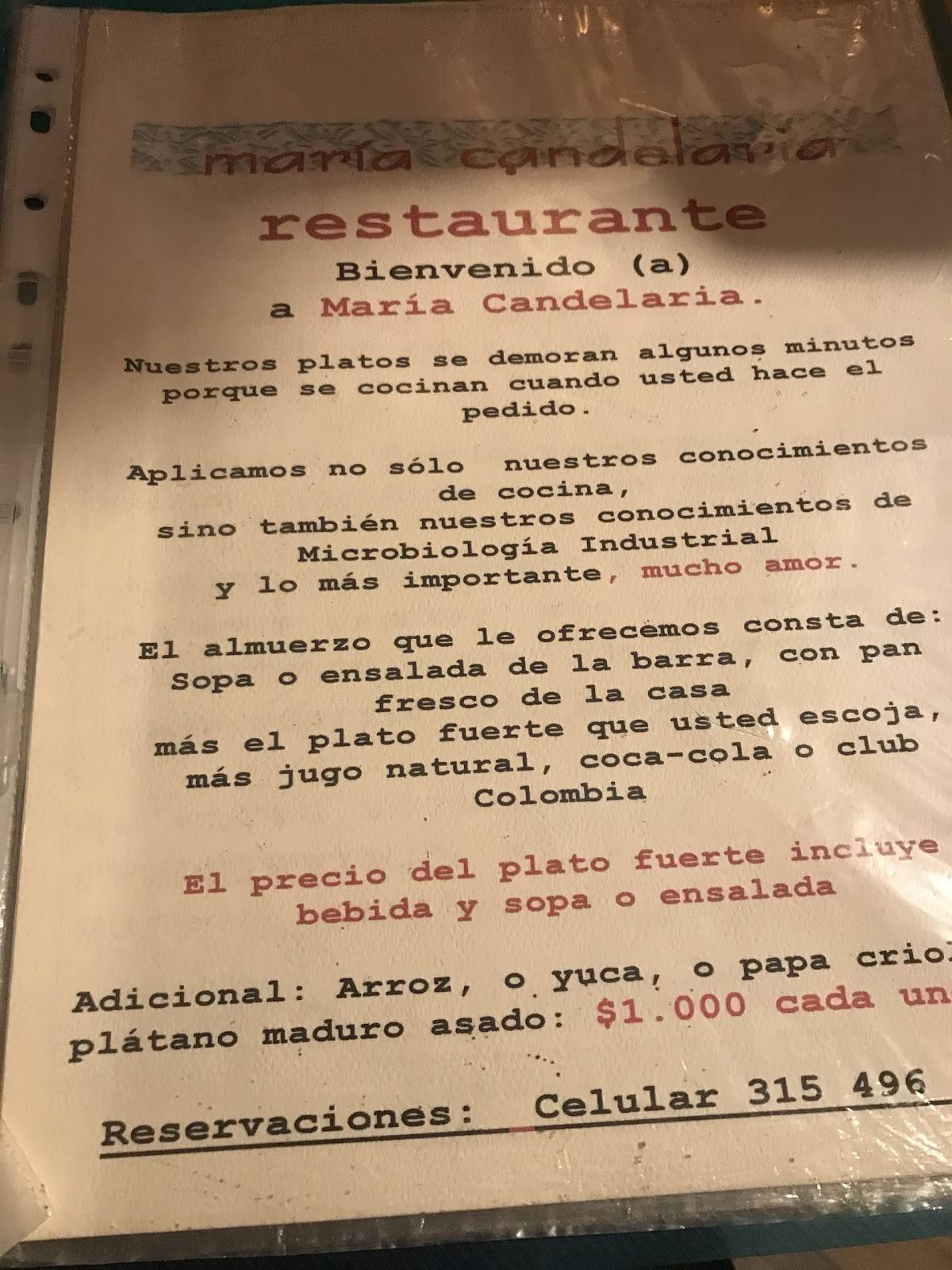Carta del restaurante Maria Candelaria, Bogotá, Cra. 4 #8-58