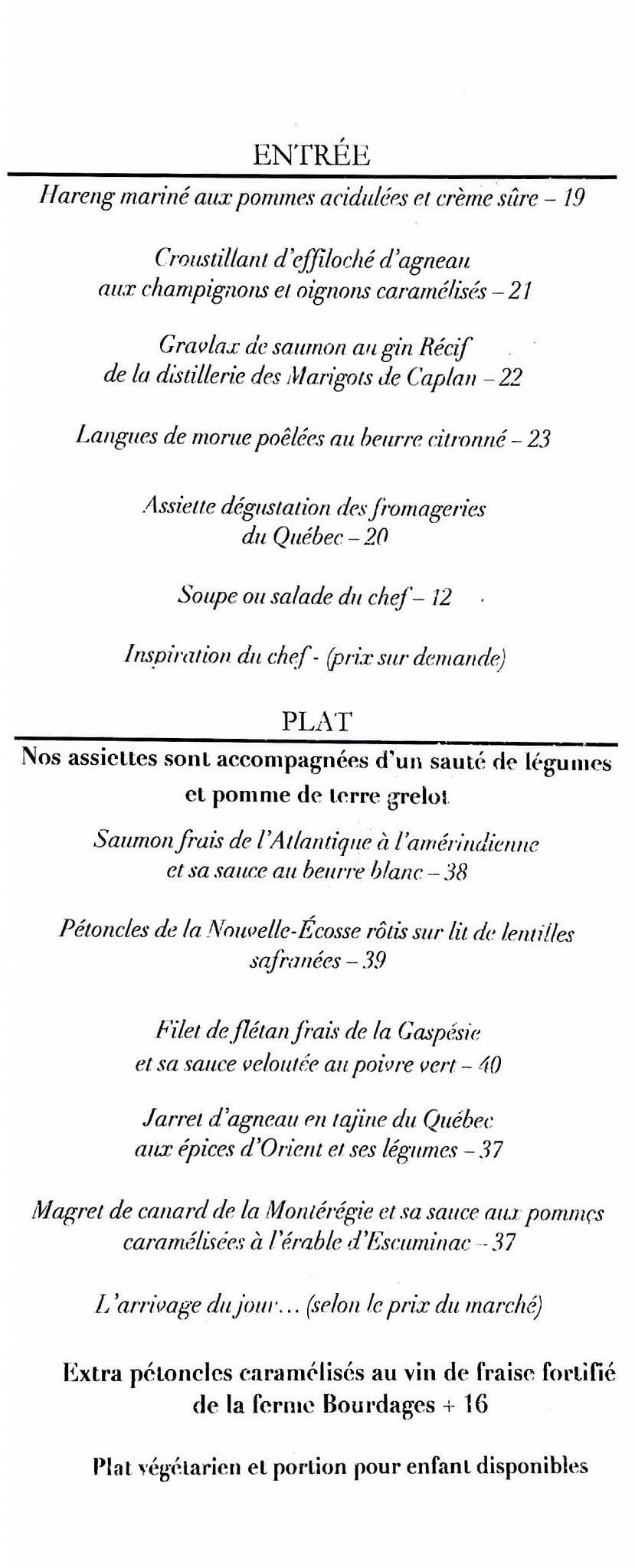 Menu au Marin d'eau douce restaurant, Carleton-sur-mer