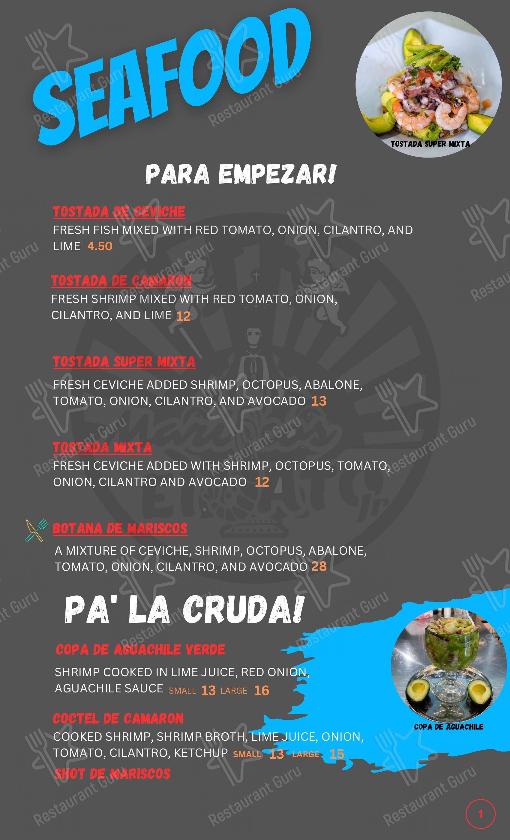 Menu at Mariscos El Jato Jr. restaurant, Los Angeles