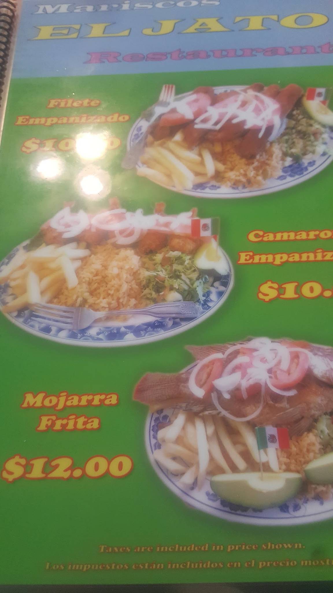 Menu at Mariscos El Jato Jr. restaurant, Los Angeles