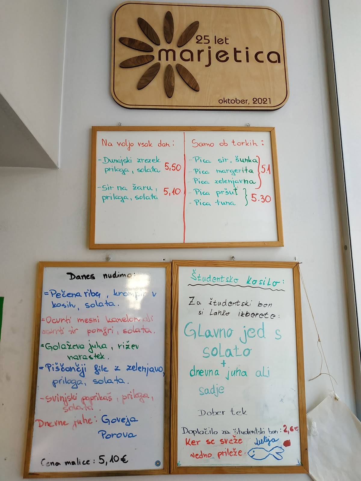 Menu at Marjetica (menza Tobačna) restaurant, Ljubljana