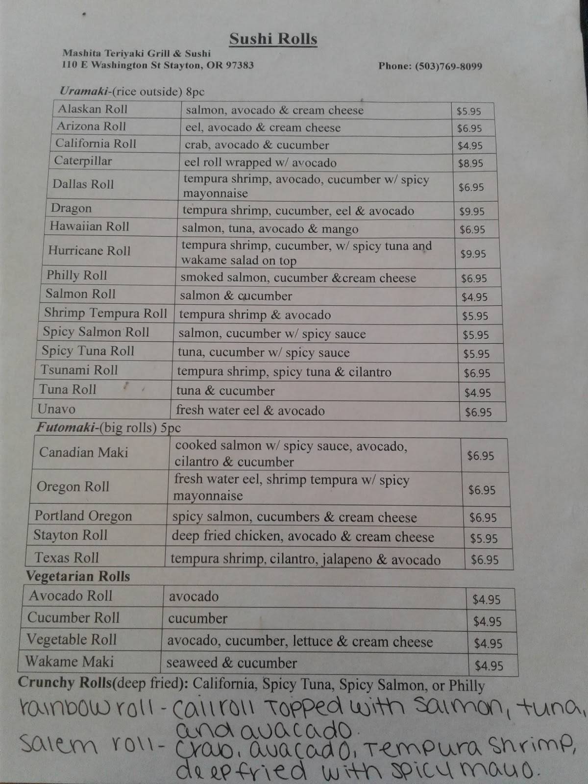 Menu at Mashita Teriyaki Restaurant, Stayton