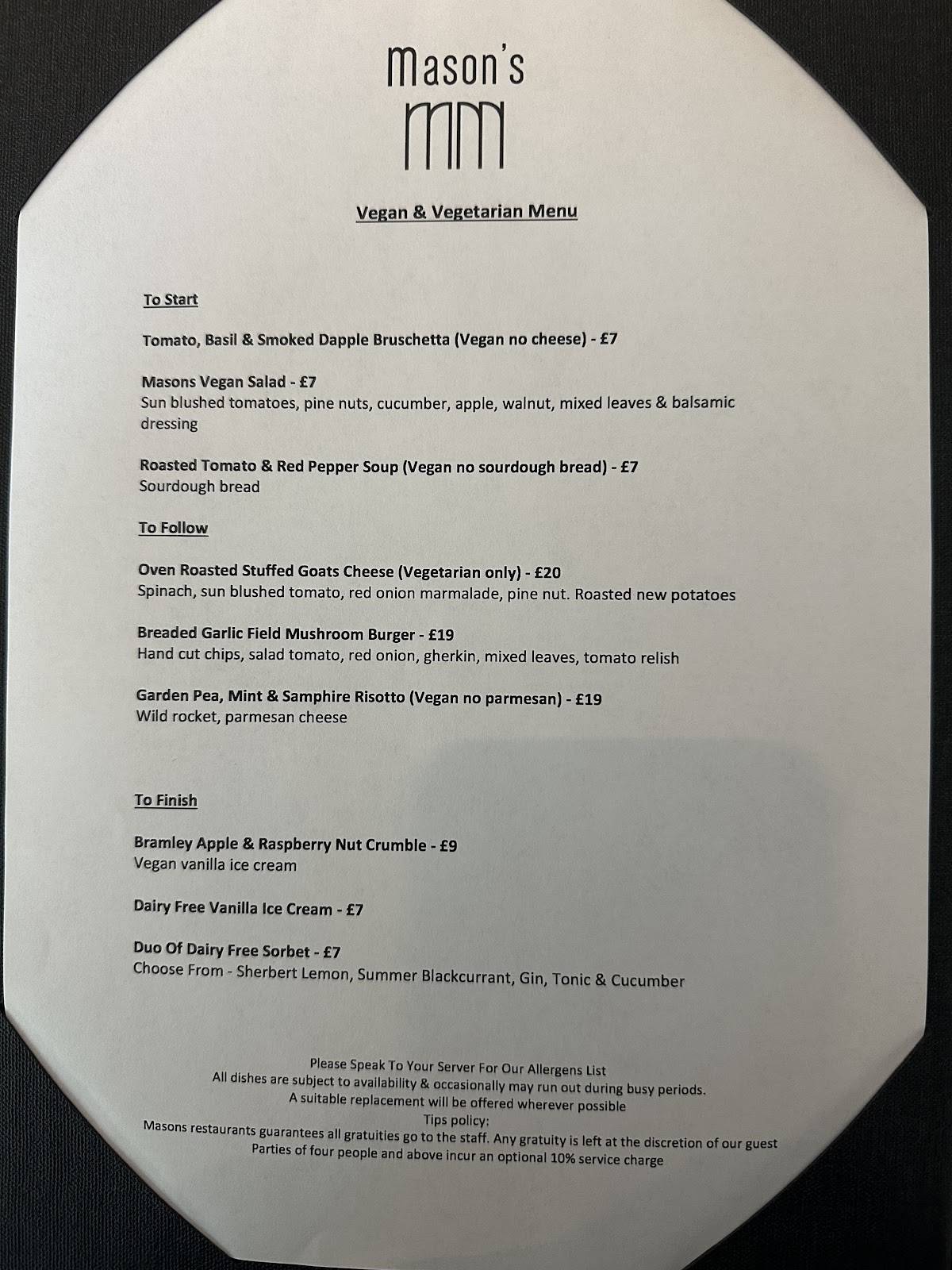 Menu at Masons Restaurant, Brentwood