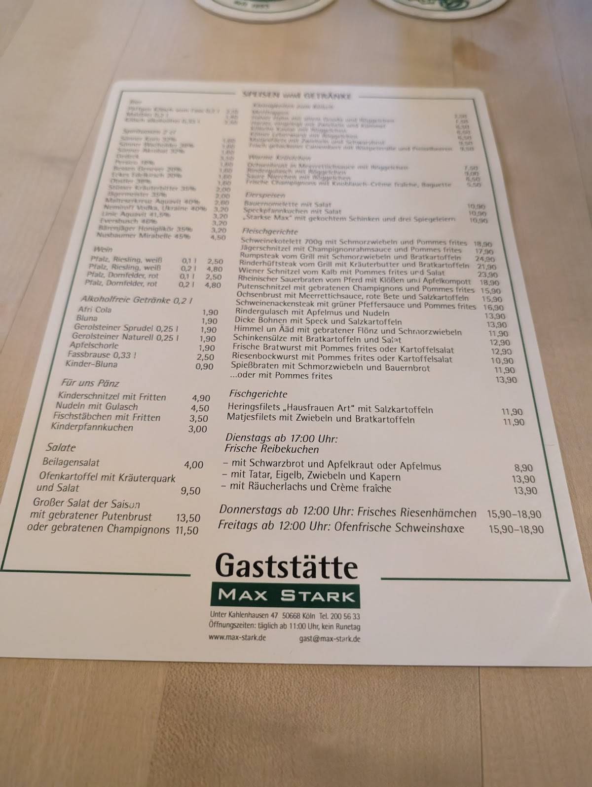 Menu at Max Stark restaurant, Cologne