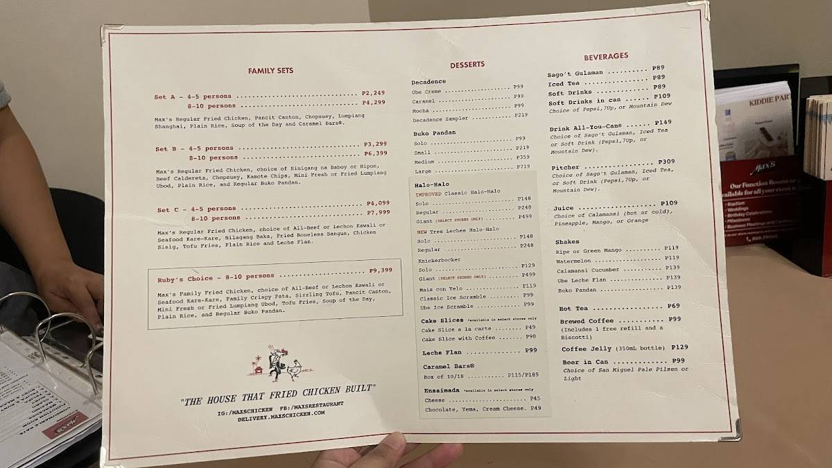 Menu at Max's Restaurant, Quezon City, Circle Food Complex