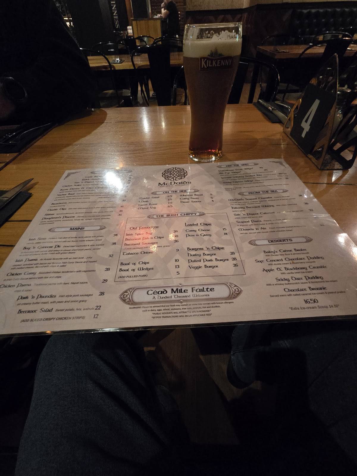 Menu at McDaid's Irish Pub, Rosebud