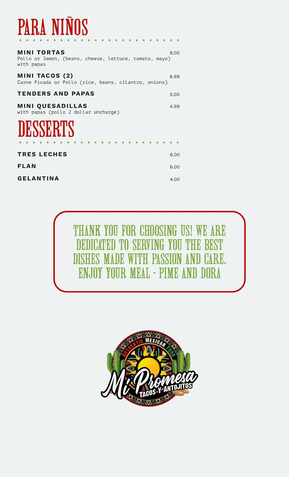 Menu at Mi Promesa Authentic Mexican Food, Sumter