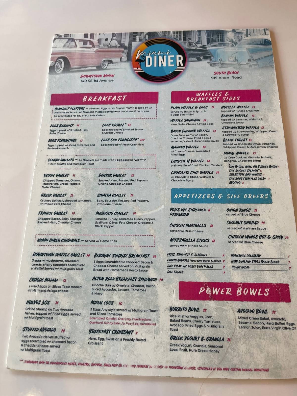 Menu at Miami Diner restaurant, Miami Beach, 919 Alton Rd