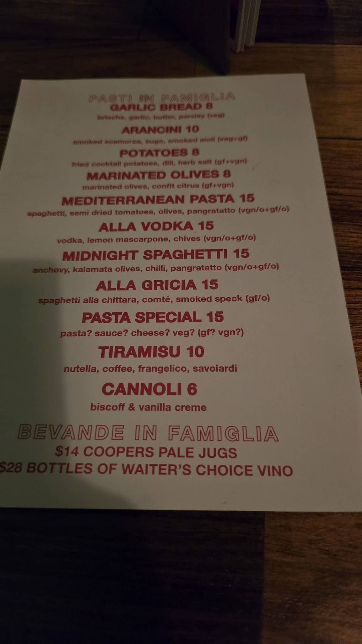 Menu at Midnight Spaghetti restaurant, Adelaide
