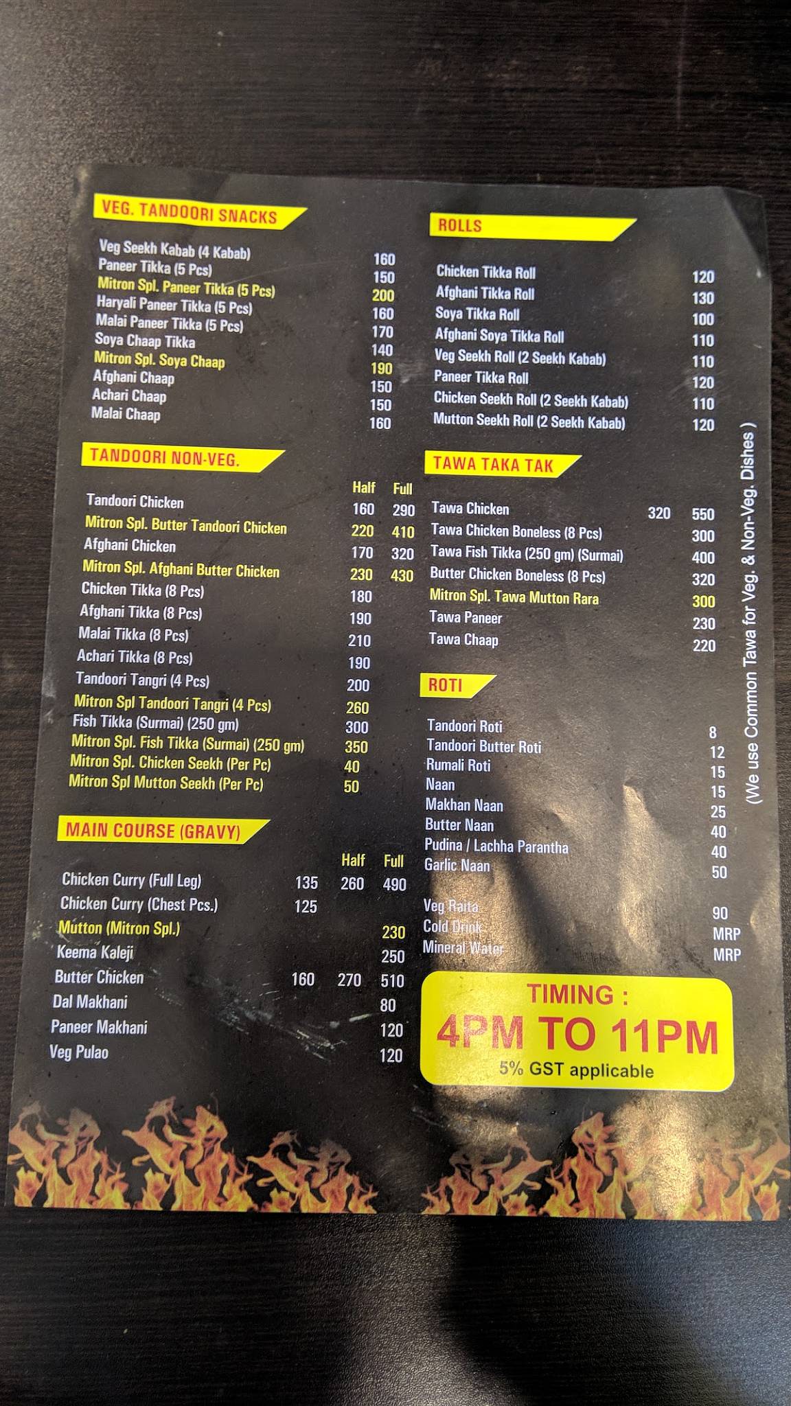 Menu at Mitron Da Dhaba, New Delhi
