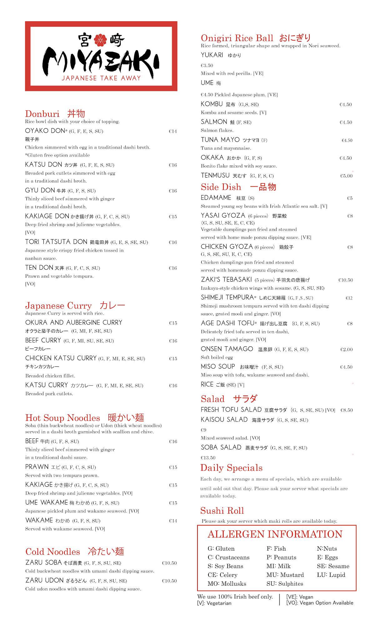Menu at Miyazaki Japanese Take Away restaurant, Cork