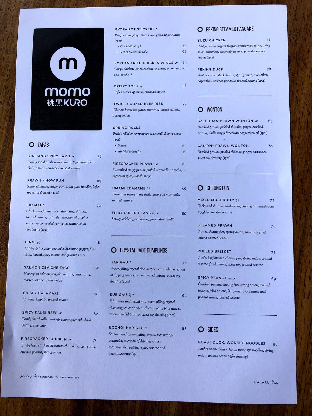 Menu at Momo Kuro restaurant, Johannesburg