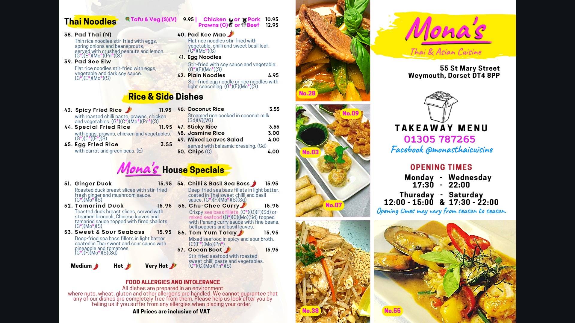 Menu at Mona's Thai and Asian Cuisines restaurant, Weymouth