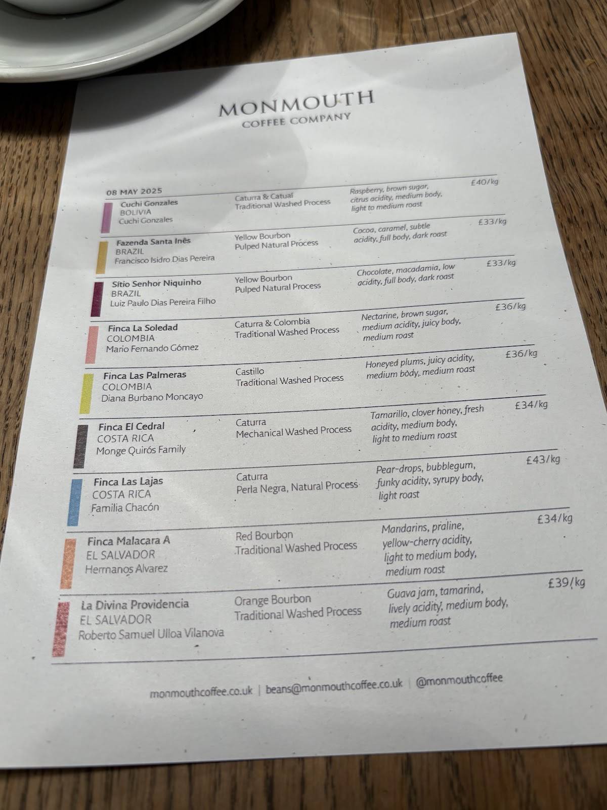 Menu at Monmouth Coffee Company cafe, London, 27 Monmouth St
