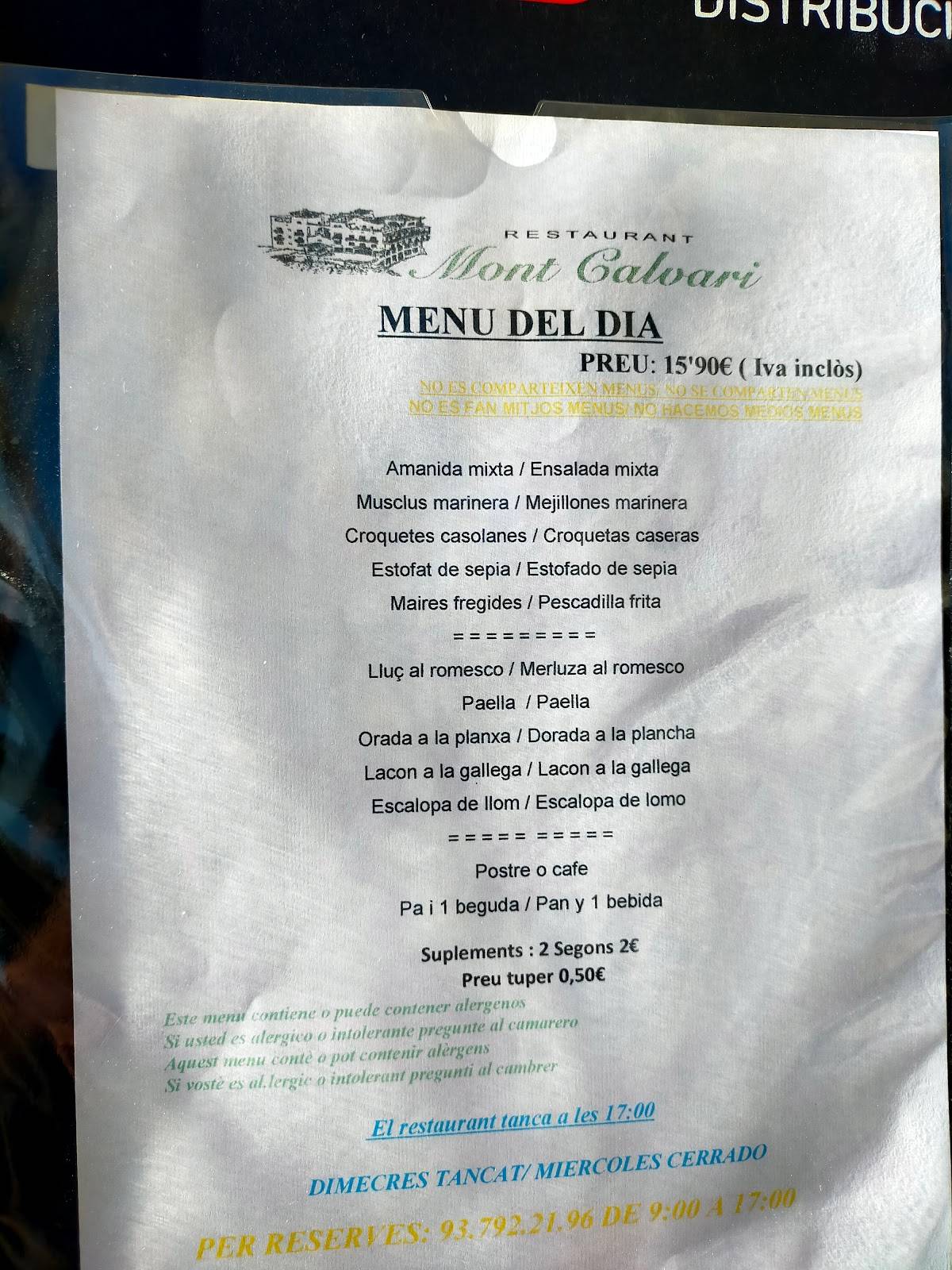 Carta de Restaurant Mont Calvari, Arenys de Mar