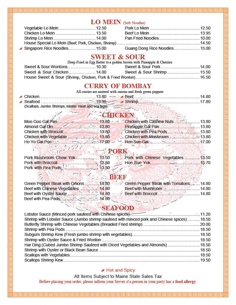 Menu at Moon Hing restaurant, Dover-Foxcroft