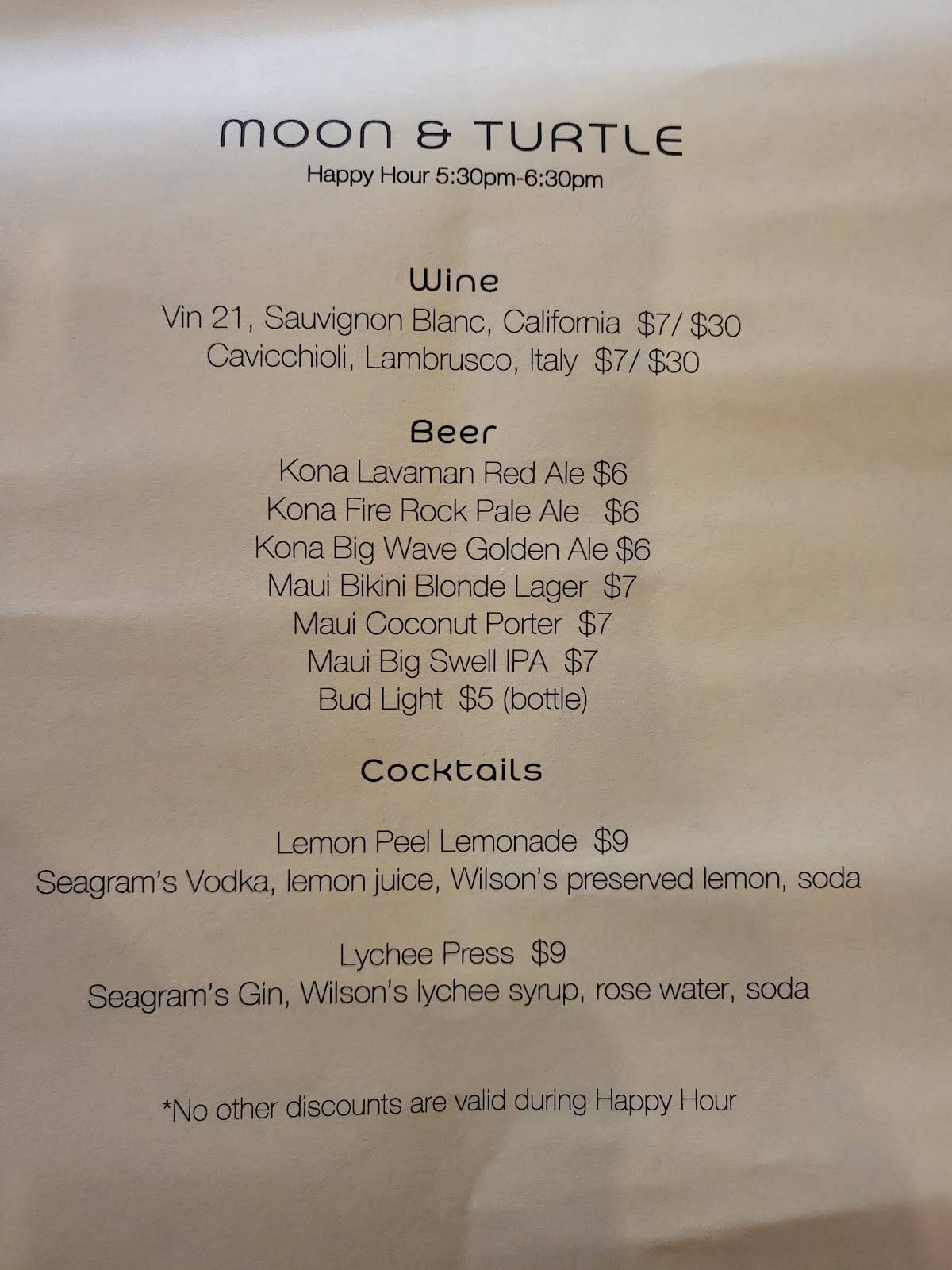 Menu at Moon and Turtle restaurant, Hilo