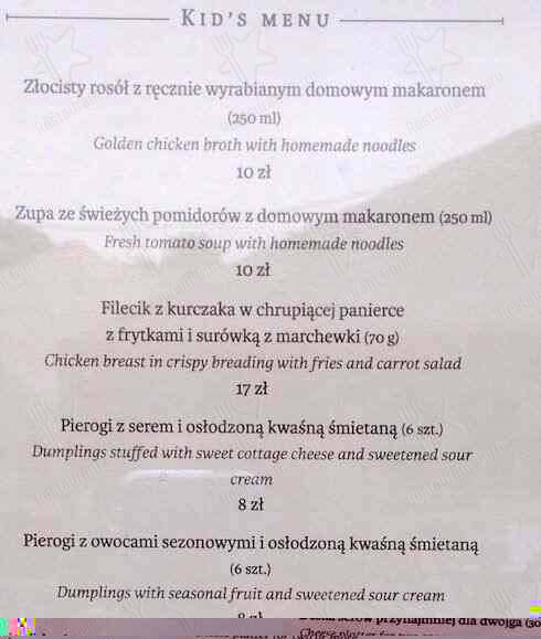 Menu at Morskie Oko restaurant, Kraków