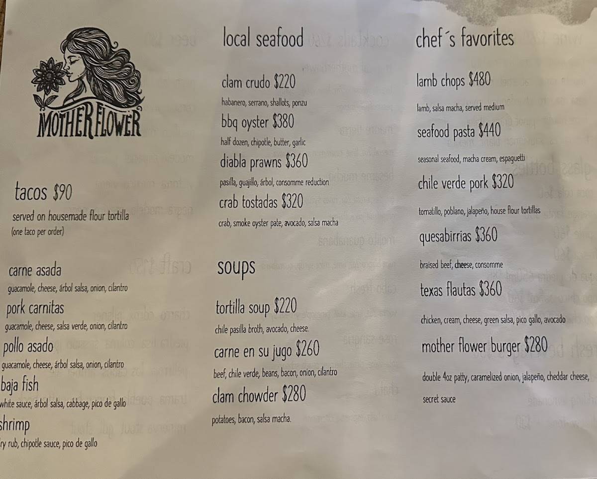 Menu at Mother Flower restaurant, Cabo San Lucas