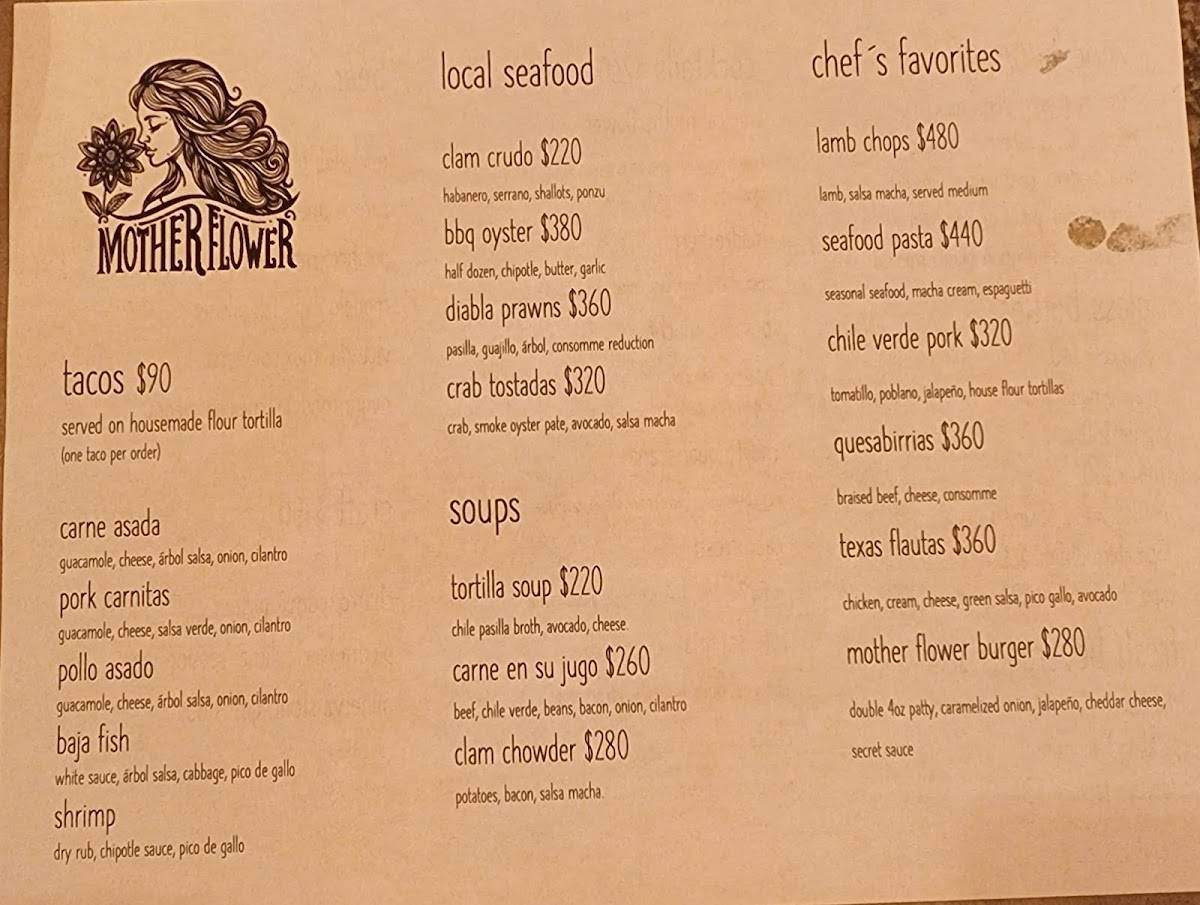 Menu at Mother Flower restaurant, Cabo San Lucas