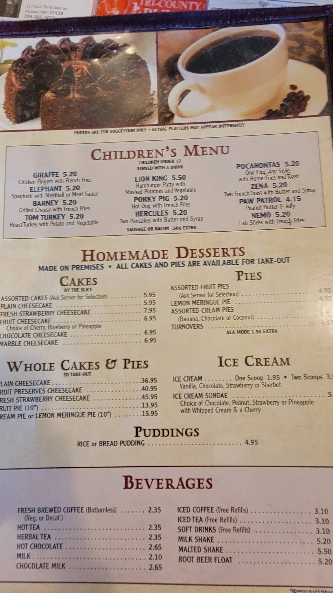 Menu at Mountain View Diner restaurant, Charles Town