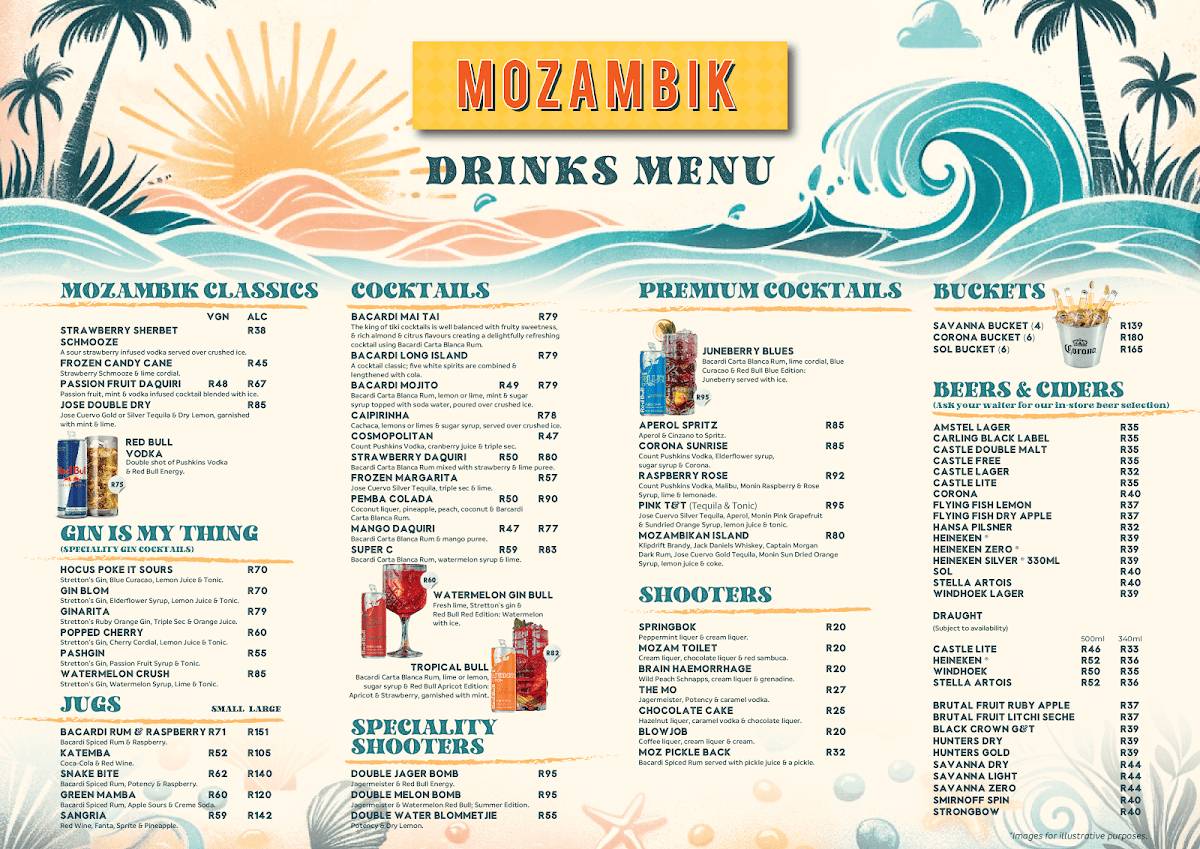 Menu at Mozambik Bloubergstrand restaurant, Cape Town
