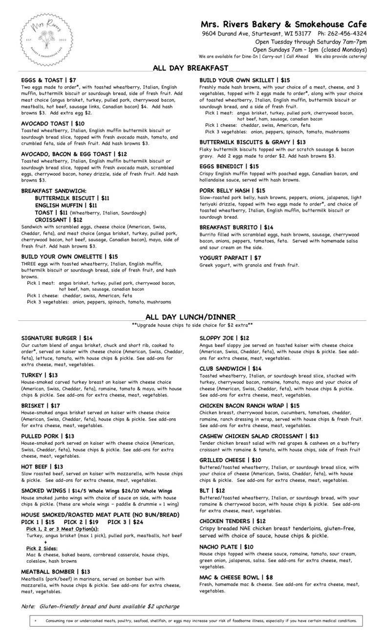 Menu at Mrs. Rivers Bakery & Smokehouse (Mrs. Rivers Pies & Catering ...