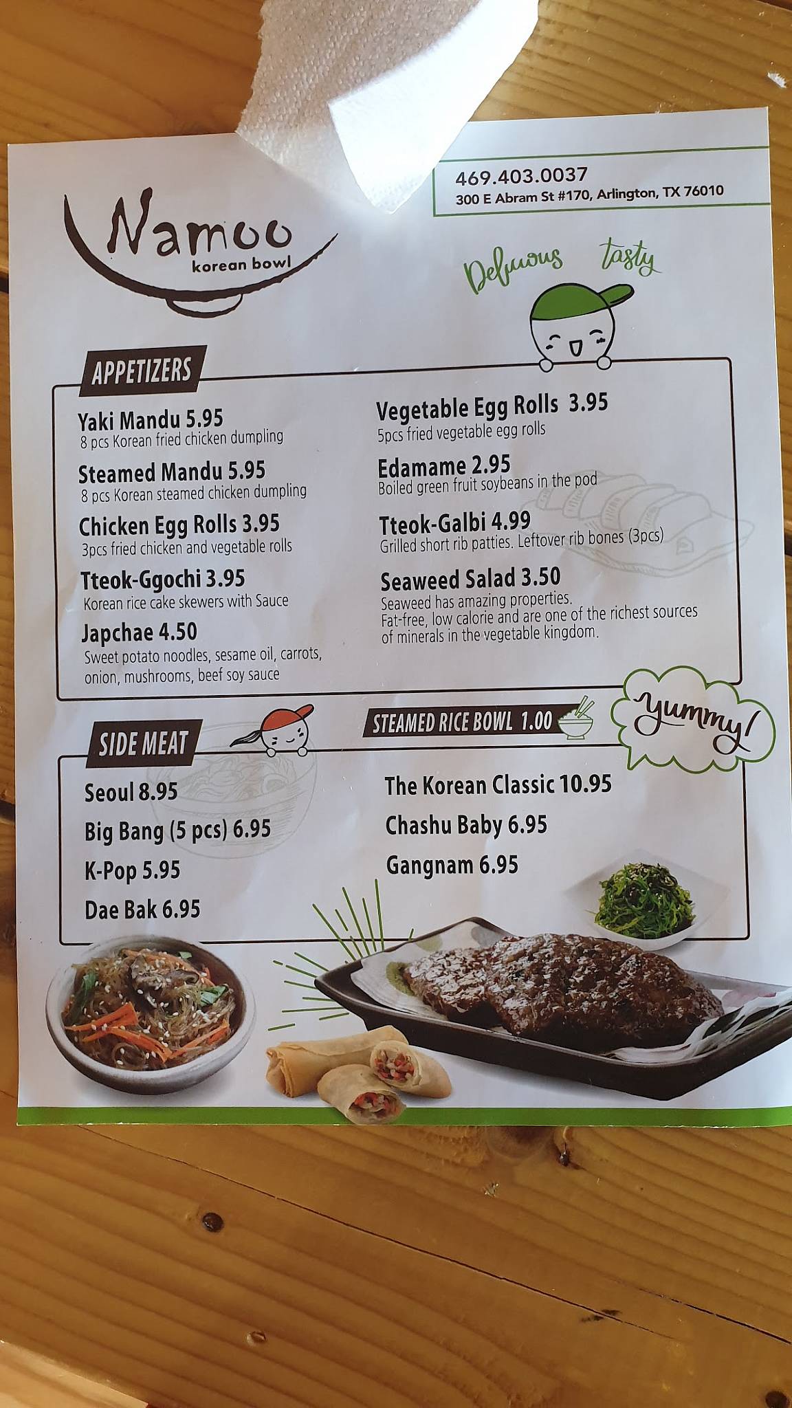 Menu at NAMOO Koreanbowl restaurant, Arlington