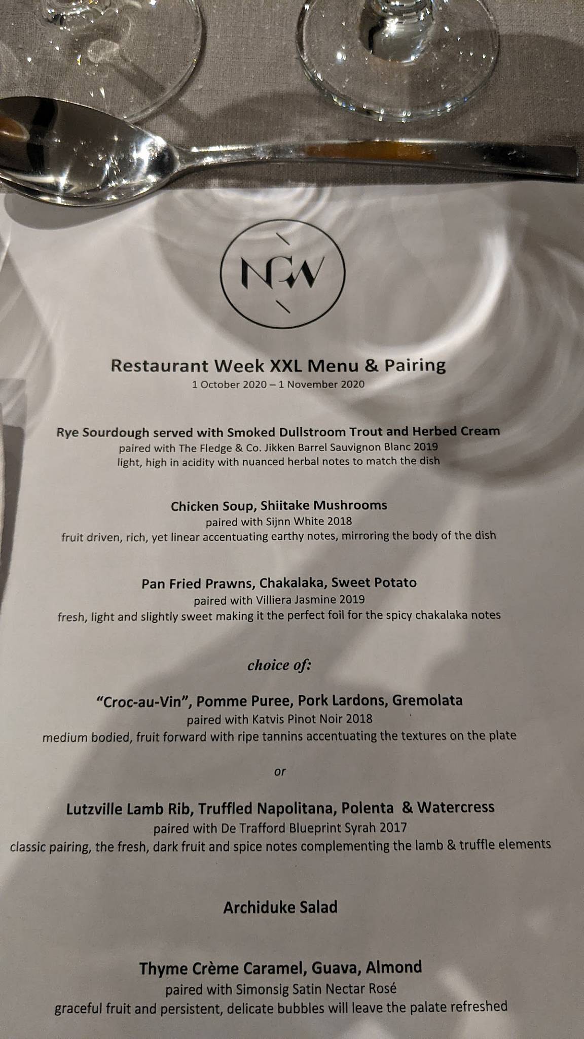 Menu at NCW Restaurant, Johannesburg