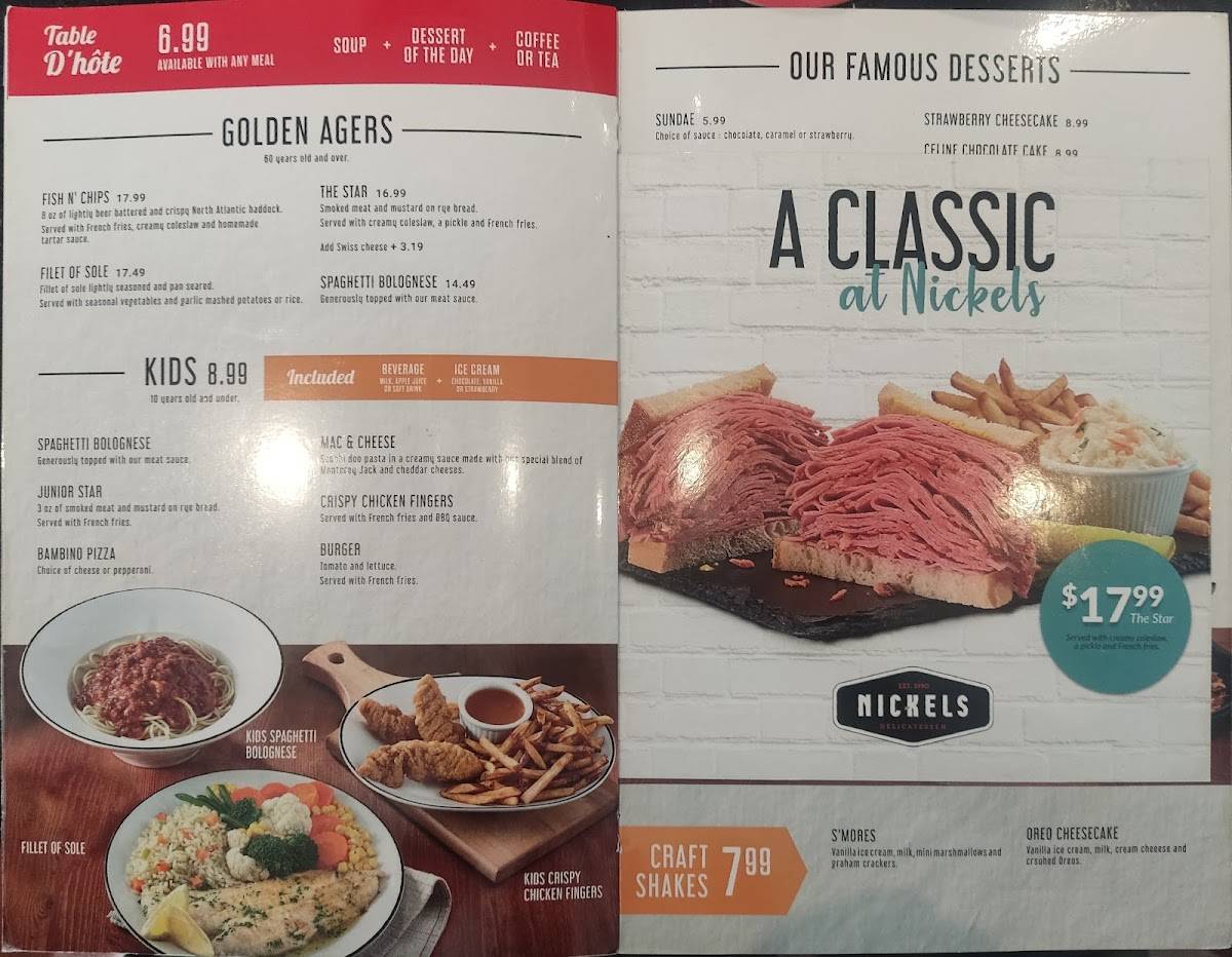 Menu au Nickels Deli restaurant, Saint-Jérôme