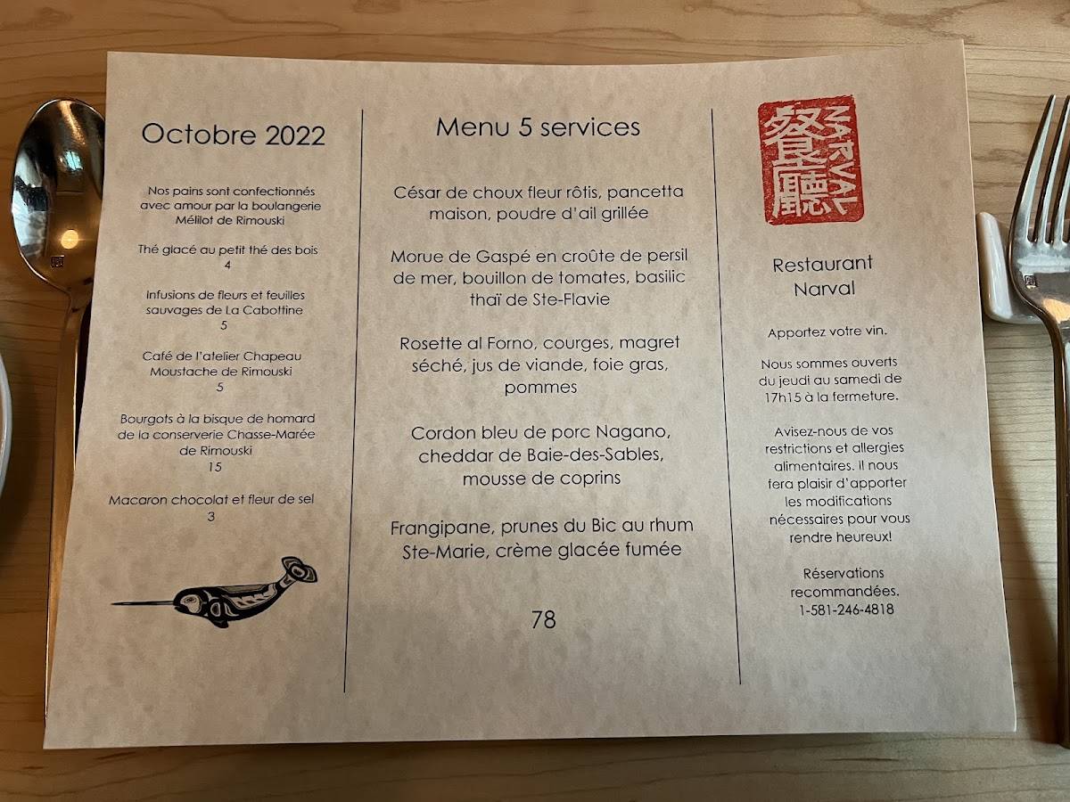 Menu au Restaurant Narval, Rimouski