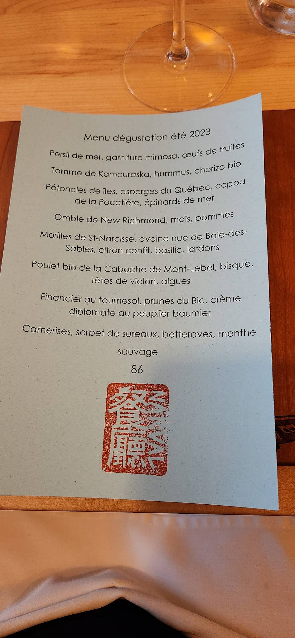 Menu au Restaurant Narval, Rimouski