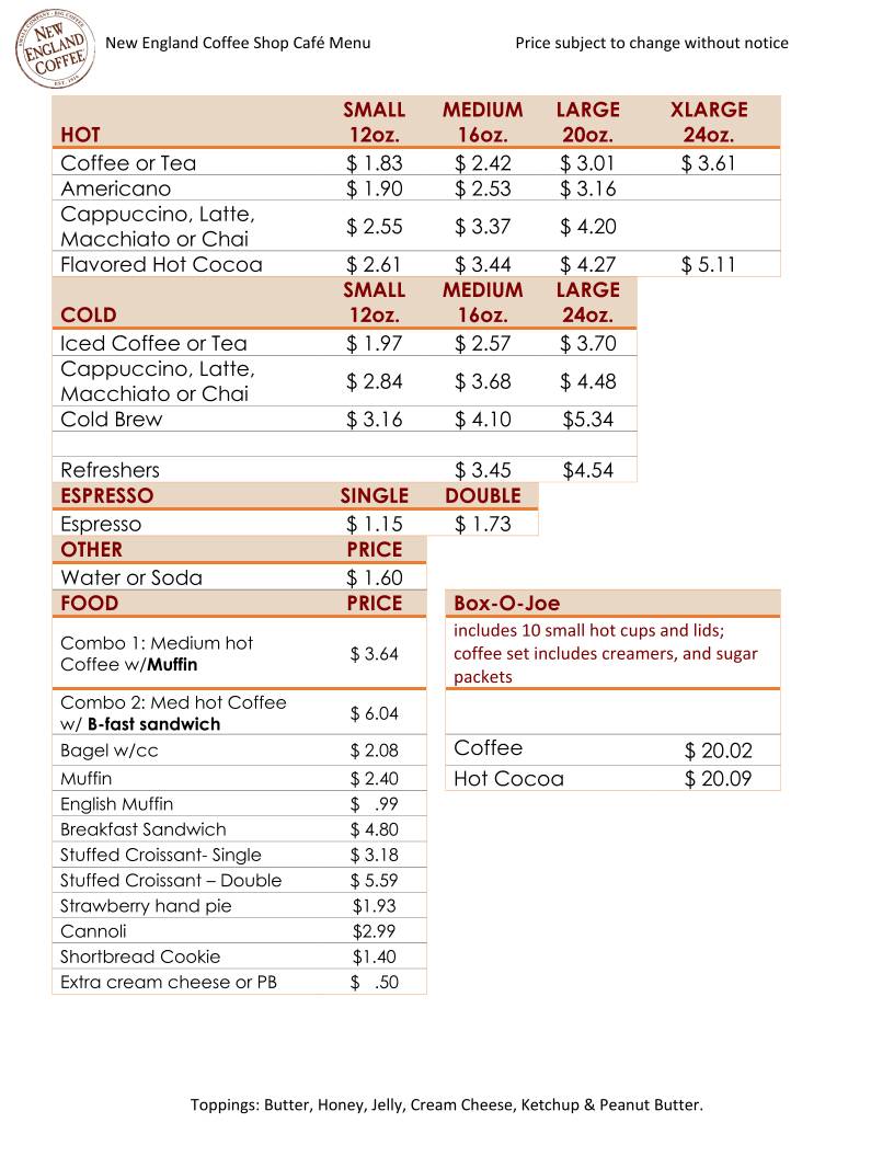 Menu at New England Coffee Cafe and Store, Malden, 108 Charles St